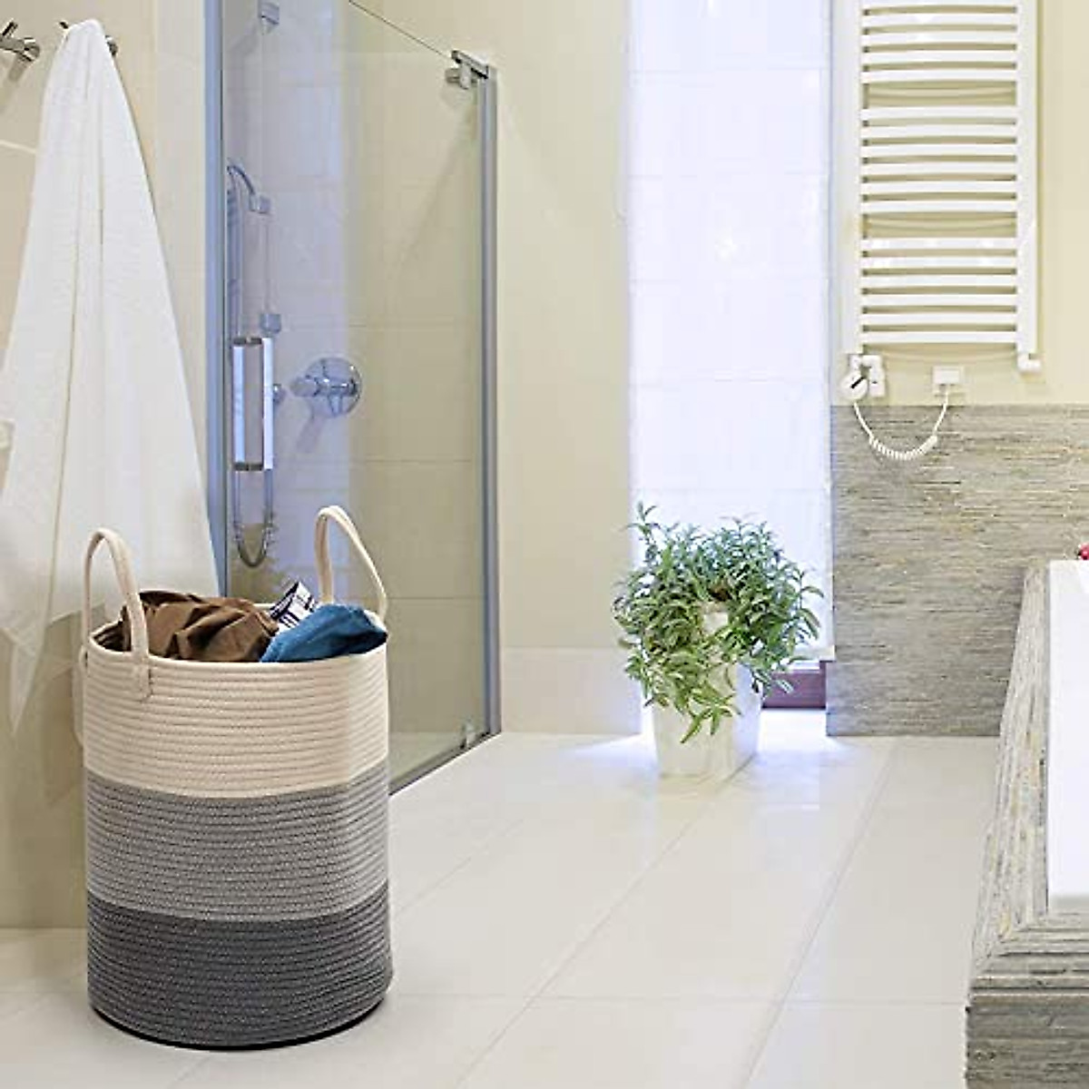 EZOWare Large Cotton Rope Storage Basket, Soft Woven Laundry Hamper with Handles for Bathroom Nursery Closet - Gradient Gray, 15 x 18 inch