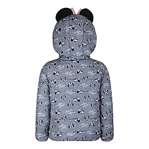 Disney Girl's Minnie Mouse Print Hooded Puffer Jacket with Ears and Pink Bow, Grey, Size 5