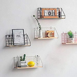 DOITOOL Wire Storage Rack Floating Shelves Wall Mounted Rustic Wood Wire Frame Hanging Shelf for Bedroom Bathroom Living Room Kitchen Office Size M Cabinet Storage Shelf