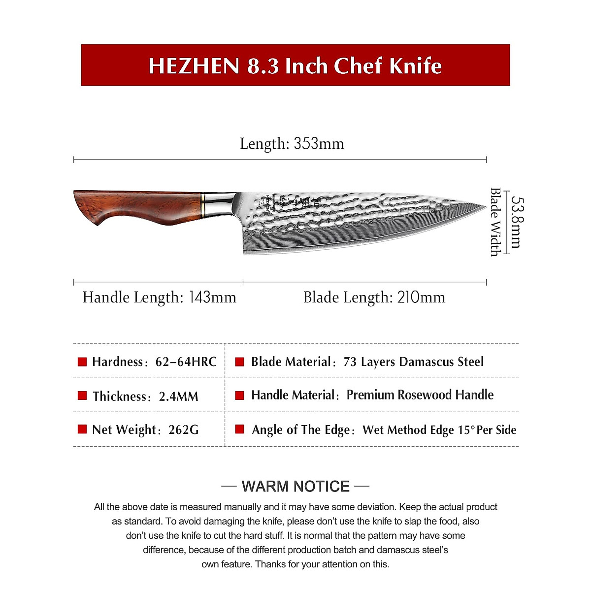 HEZHEN 8.3 Inches Damascus Chef Knife, Damascus Steel Powder Steel Kitchen KnifeHammered Pattern,Natural Rosewood Handle
