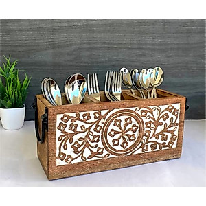 3 Compartment Farmhouse Wooden Flatware Caddy with Metal Handles for Kitchen Countertop, Silverware Caddy for Buffet Party, Rustic Wood Utensil Cutlery Holder, Bathroom Dining Table Office Organizer