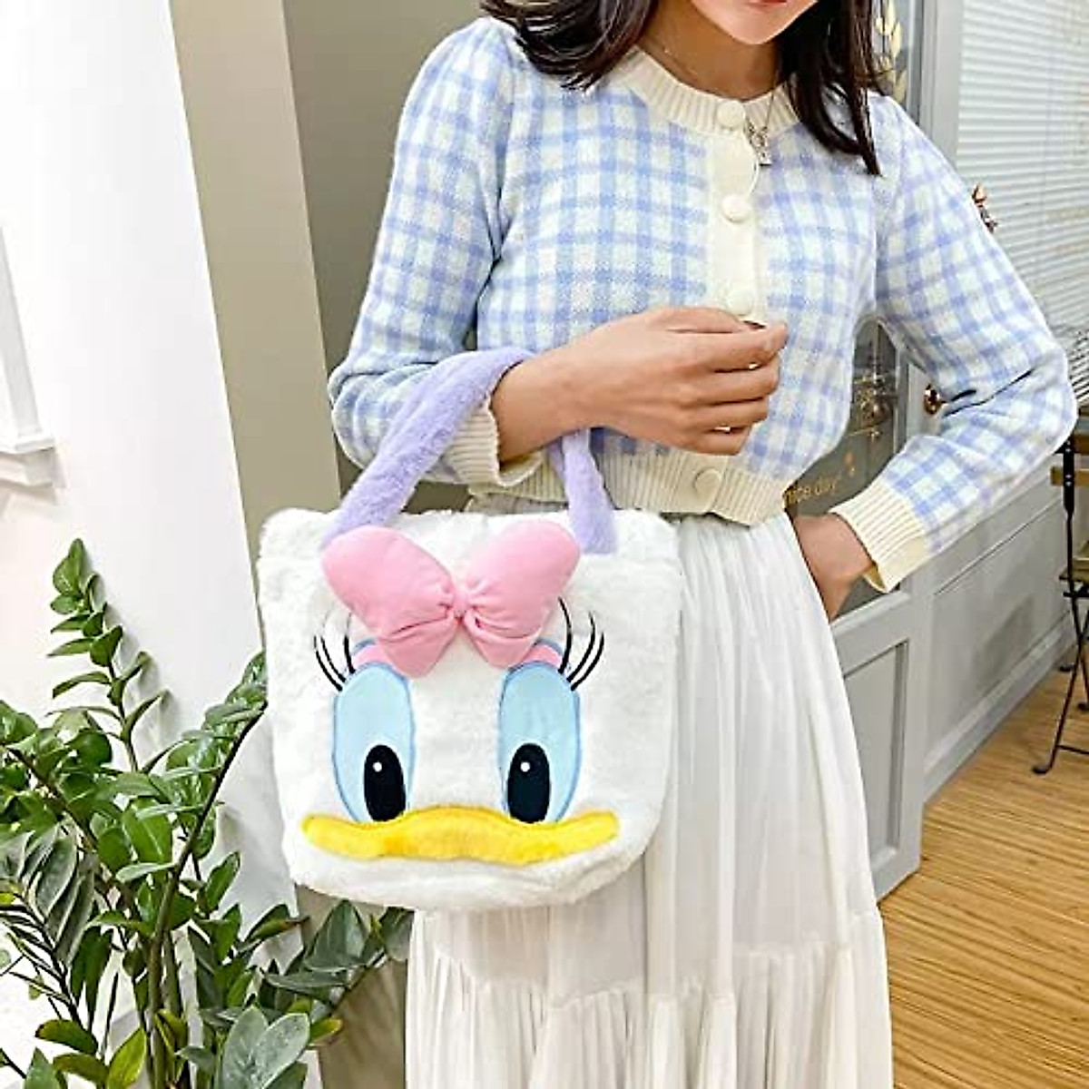 Daisy Duck Plush Hand Bag, Unisex, Shoulder Bag, Cartoon Big Pink Bow Tote, Washable, Soft Fur Material, Aesthetic Purse for Women, Men, Children