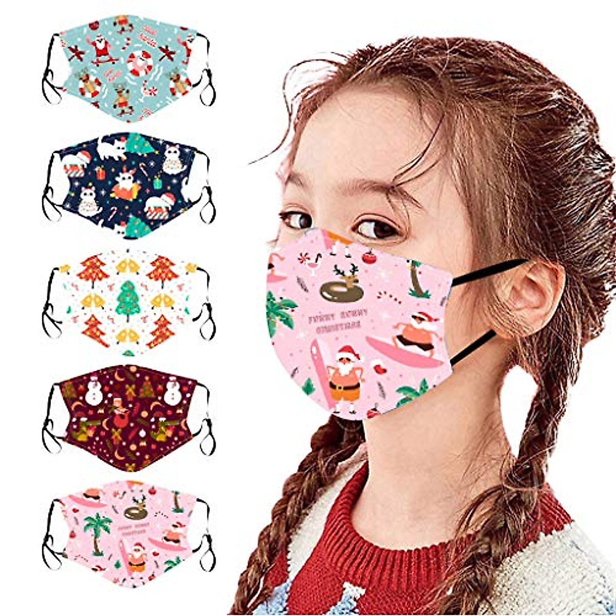 Walsent 5PCS Children Kids Cute Print Outdoor Protective Washable and Reusable Face Bandanas Stay Safe Face Mouth Bandanas, Christmas Decorations