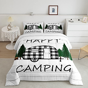 Erosebridal Happy Camping Bedding Set Camping Comforter Set Twin Size,Vehicles Camping Decor Camp Travel Car Duvet Insert Vintage Cabin Quilted Duvet Rustic Farmhouse Style Bedroom Decor