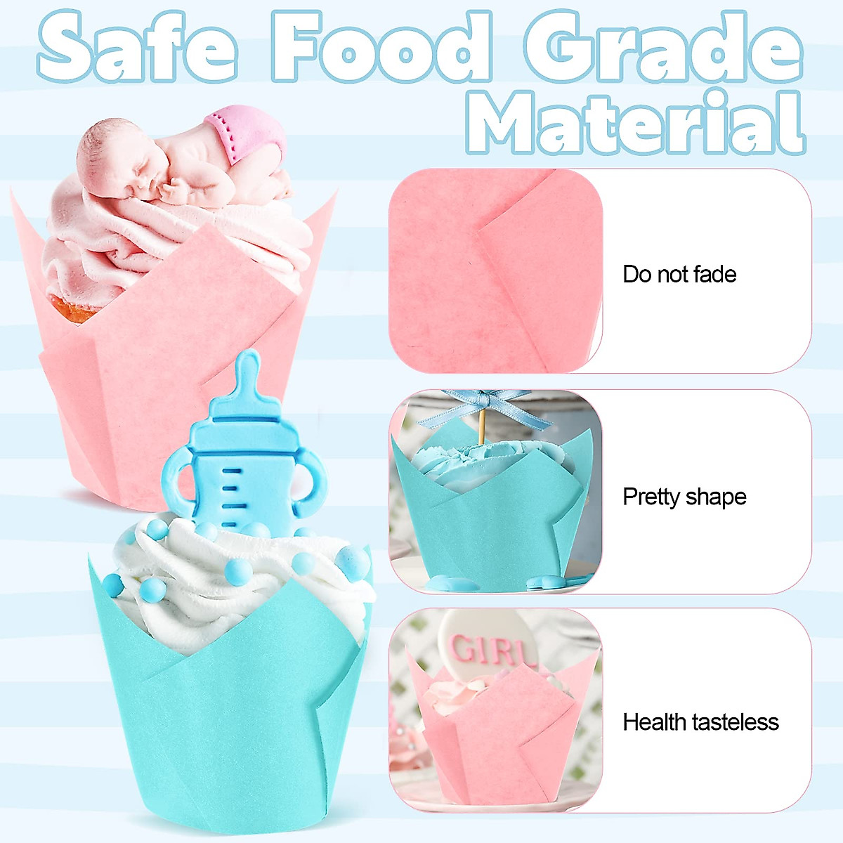 200 Pcs Tulip Cupcake Liner for Baking Pink and Blue Cupcake Liner Tulip Baking Cups Greaseproof Paper Cupcake Wrappers Baby Shower Muffin Liner for Team Girl Boy Gender Reveal Party Supplies