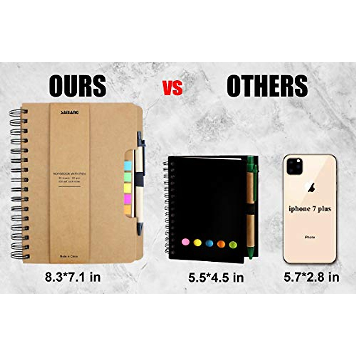 SAIBANG A5 Spiral Notebook Business Notepad with Pen in Holder and Sticky Notes Index Tabs Page Markers for School Office, 18 by 21 cm, 60 Sheets Totally, Kraft Cover (Khaki)