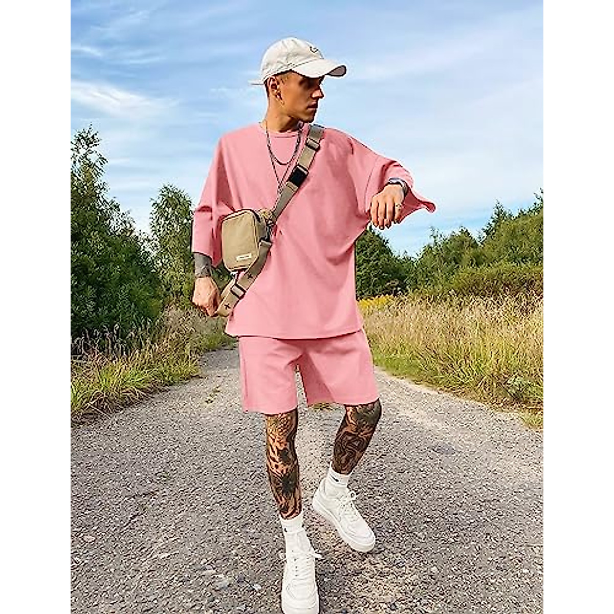 Babioboa Men's Sweatsuit Short Sleeve T Shirt Suit Summer Waffle Tee Short Sets Casual Daily Duty-off 2 pieces(Pink,S)