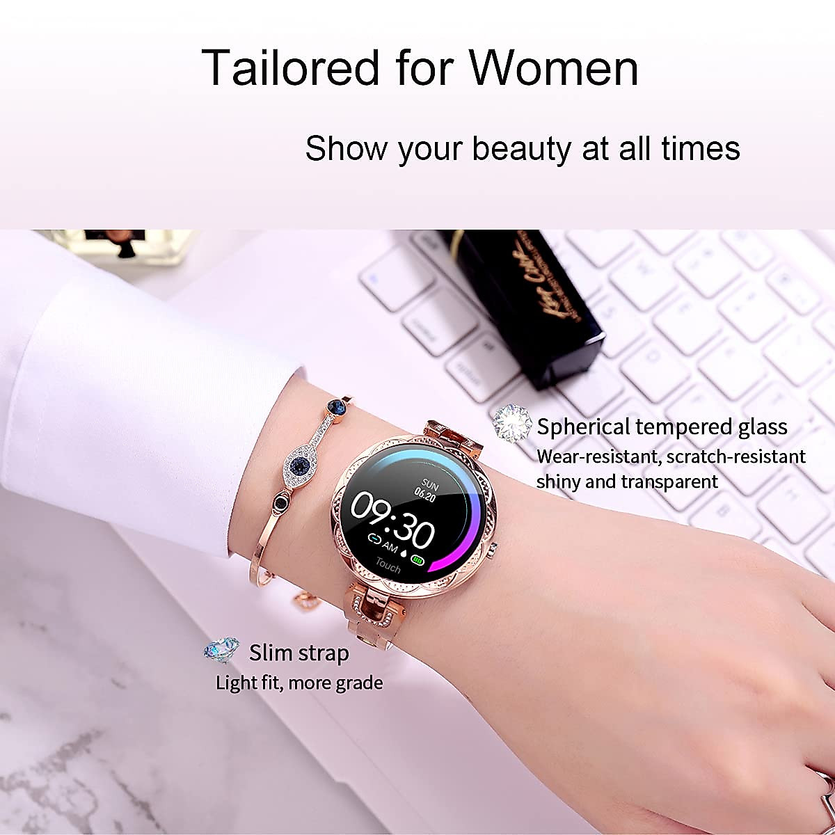 Thafikzi Smartwatch for Women Compatible for iPhone Samsung Android iOS Phones. Smart Bracelet with Female Menstrual Cycle Heart Rate Blood Pressure Remote Photography Waterproof Pedometer (Gold)