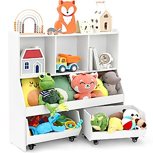 Tykacna Toy Storage Organizer for Kids with Bookshelf,Ideal Toy Organizer with 2 Movable Drawers, 4-Tier Toddler Book Shelf for Kids Rooms with 6 Storage Cubbies,White
