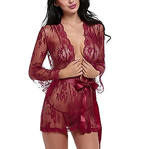 Qopobobo Sexy Lengerie for Women Naughty Women's Lace Kimono Robe Long Sleeve Lingerie Nightgown Mesh Dress with Belt