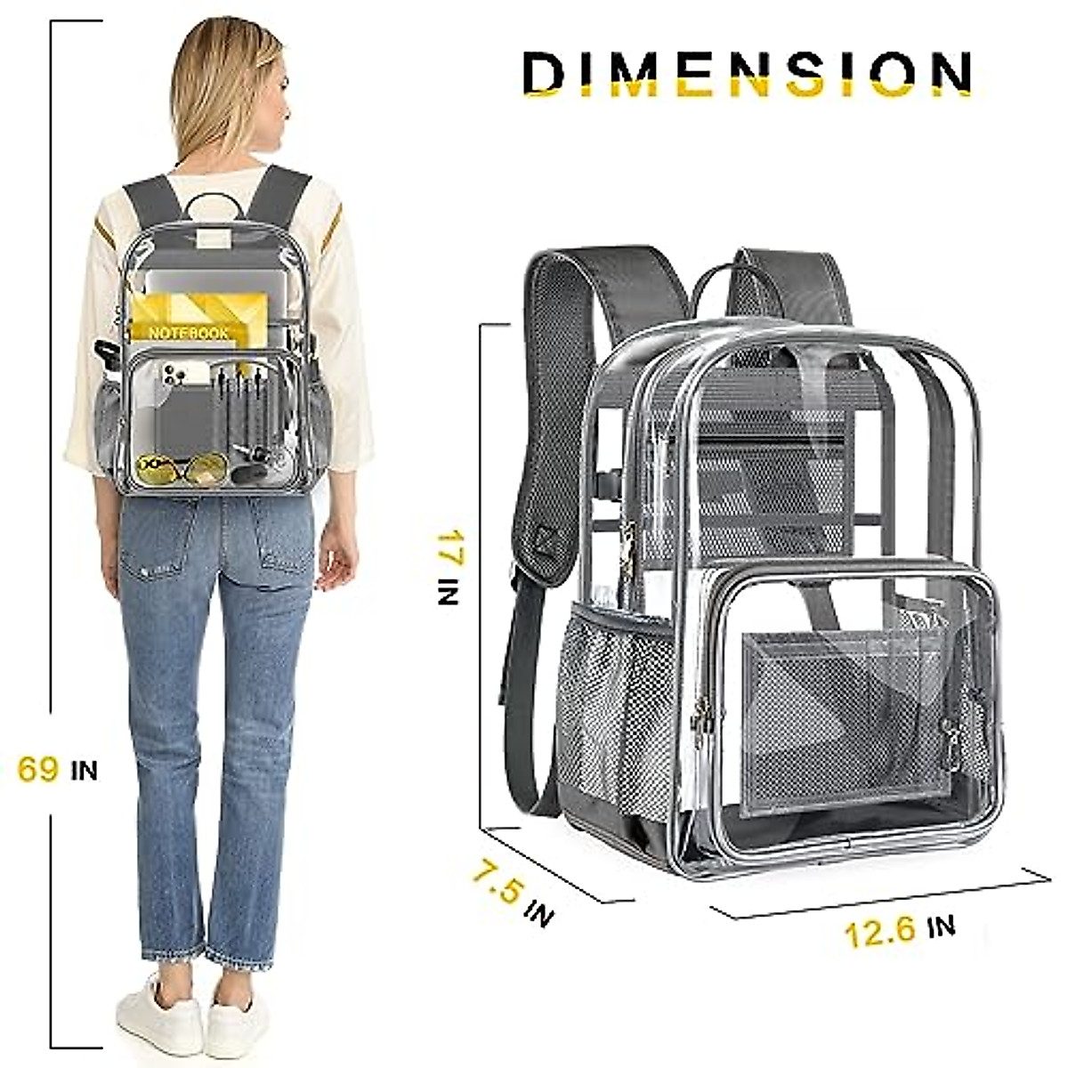 GEAMSAM Clear Backpack, Heavy Duty Transparent Backpack with Reinforced Bottom See Through Backpack for College, Travel, Workplace Security - Gray