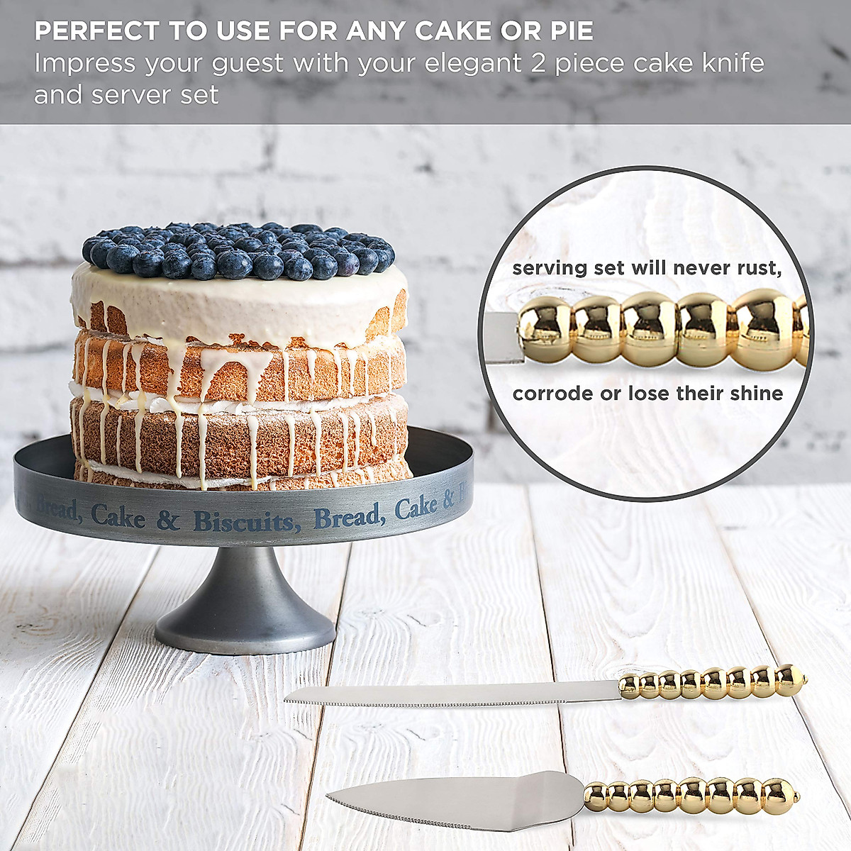Homi Styles wedding cake knife and server set | Elegant Gold Color With Beaded Handles & Premium 420 Stainless Steel Blades | Cake & Pie Serving Set For Wedding Cake, Birthdays, Anniversaries, Parties