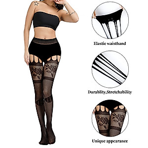 Chalier 4 Pairs Fishnet Stockings Tights Suspender Sexy Pantyhose Lace thigh high stockings for Women (Dull Black)