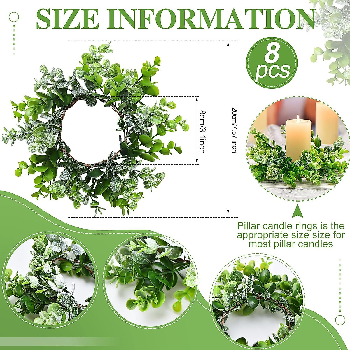 Jexine 8 Pieces Christmas Candle Rings Mini Candle Wreaths Center Candle Ring Artificial Wreath for Christmas Window Table Pillars Farmhouse Decoration Wedding Party Table Home Decor(Eucalyptus)