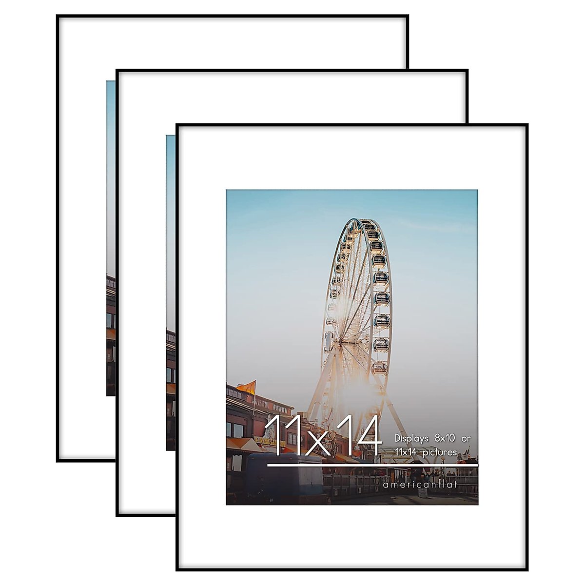 Americanflat Front Loading 11x14 Picture Frame with Shatter-Resistant Glass - Set of 3 - Use as 8x10 Frame with Mat - Metropolitan Collection - Photo Frame for Wall Display - Black