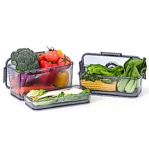 Refrigerator Organizer Bins Set,Stackable Produce Saver Organizer Bin Storage Containers with Removable Drain Tray for Fridge, Cabinets, Countertops and Pantry (Gray)