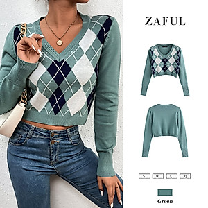 ZAFUL Women's Sweaters Long Sleeve V-Neck Argyle Knitted Crop Sweater Pullover Tops Green
