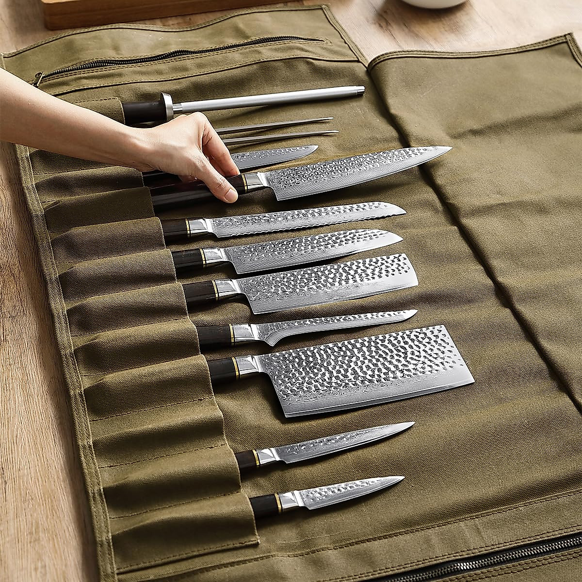 HEZHEN Chef Knife Roll Bag 16oz Oil Waxed Canvas, Heavy Duty Portable Backpack Knife Case Storage, 12 Slots & 2 Zipper Pockets, Detachable Adjustable Leather Shoulder Strap Belt（Not Included Knives）