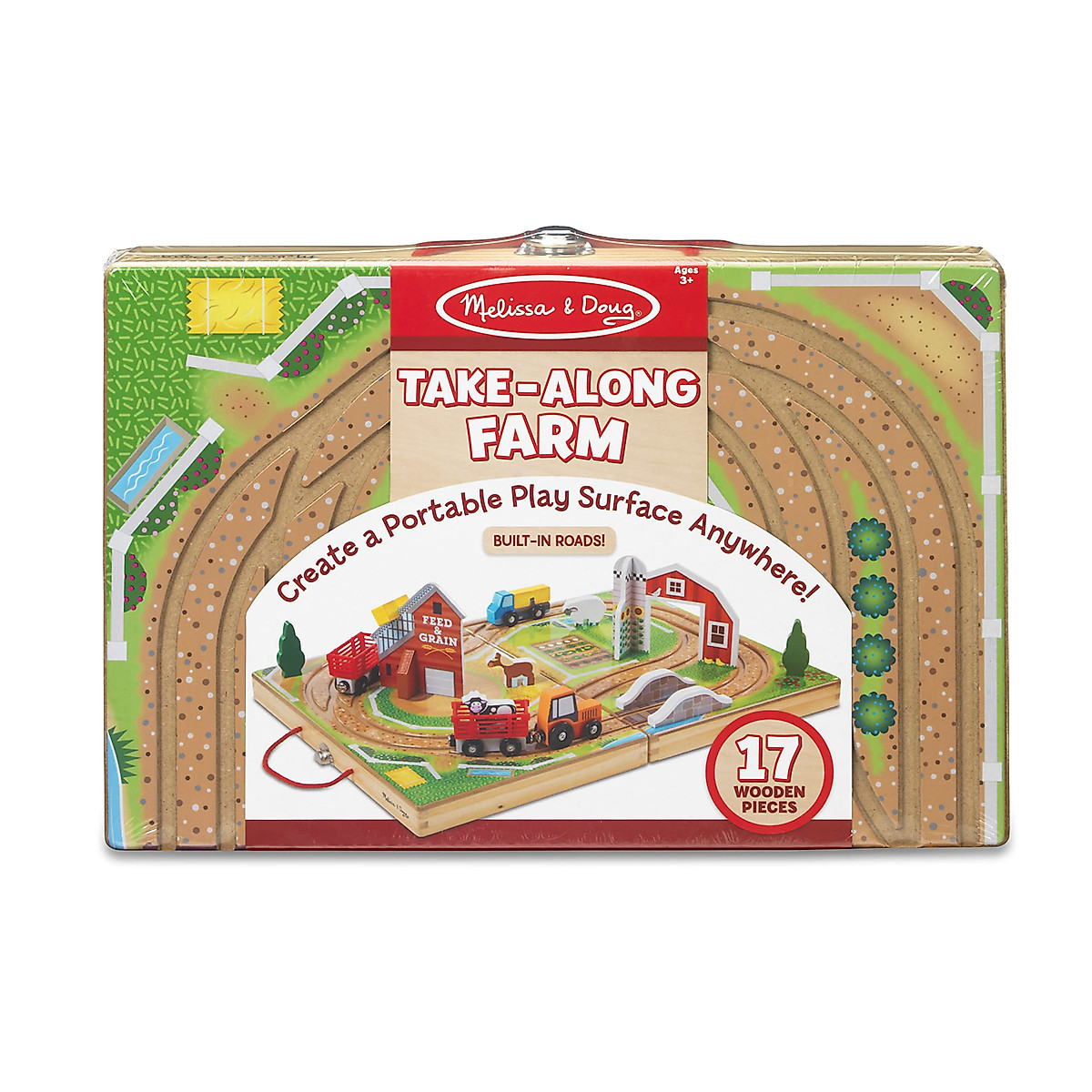 Melissa & Doug 17-Piece Wooden Tabletop Farm Playset With 4 Vehicles, Grain House & Play Pieces - Pretend Barnyard Toy For Toddlers Ages 1+