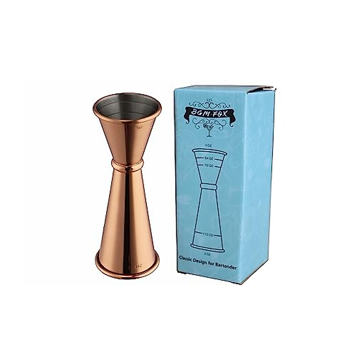 BGM.FOX® Japanese Style Double Jigger 2 oz 1 oz Cocktail Bar Jigger with Measurements Inside,Copper
