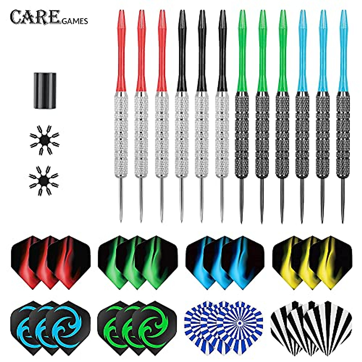 CareGames Steel Darts Set 12 Packs with 4 Colors Plastic Shafts,Extra Flights,Sharpener and Flight Protectors