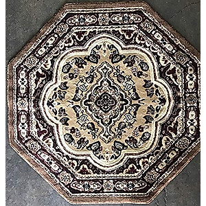 Traditional Octagon Persian Rug Beige Brown Burgundy & Black Design 520 (4 Feet X 4 Feet)