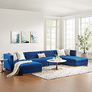 Modway Sanguine Channel Tufted Performance Velvet Modular Sectional Sofa, 6-Piece Set, Navy