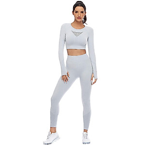 JOLLMONO Workout Sets for Women 2 Piece Yoga Gym Outfits Seamless Ribbed Leggings with Long Sleeve Tops(8003S-Ice grey)