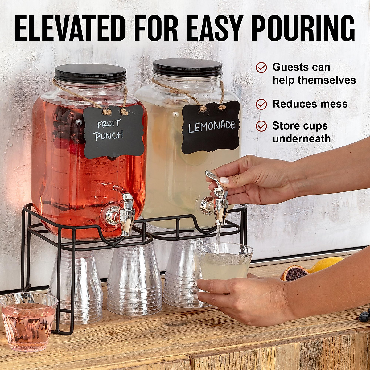 Beverage Dispenser with Stand for Parties - Two 1 Gallon Glass Mason Jar Drink Dispensers with Stand for Water, Lemonade, Punch, Juice or Adult Beverages