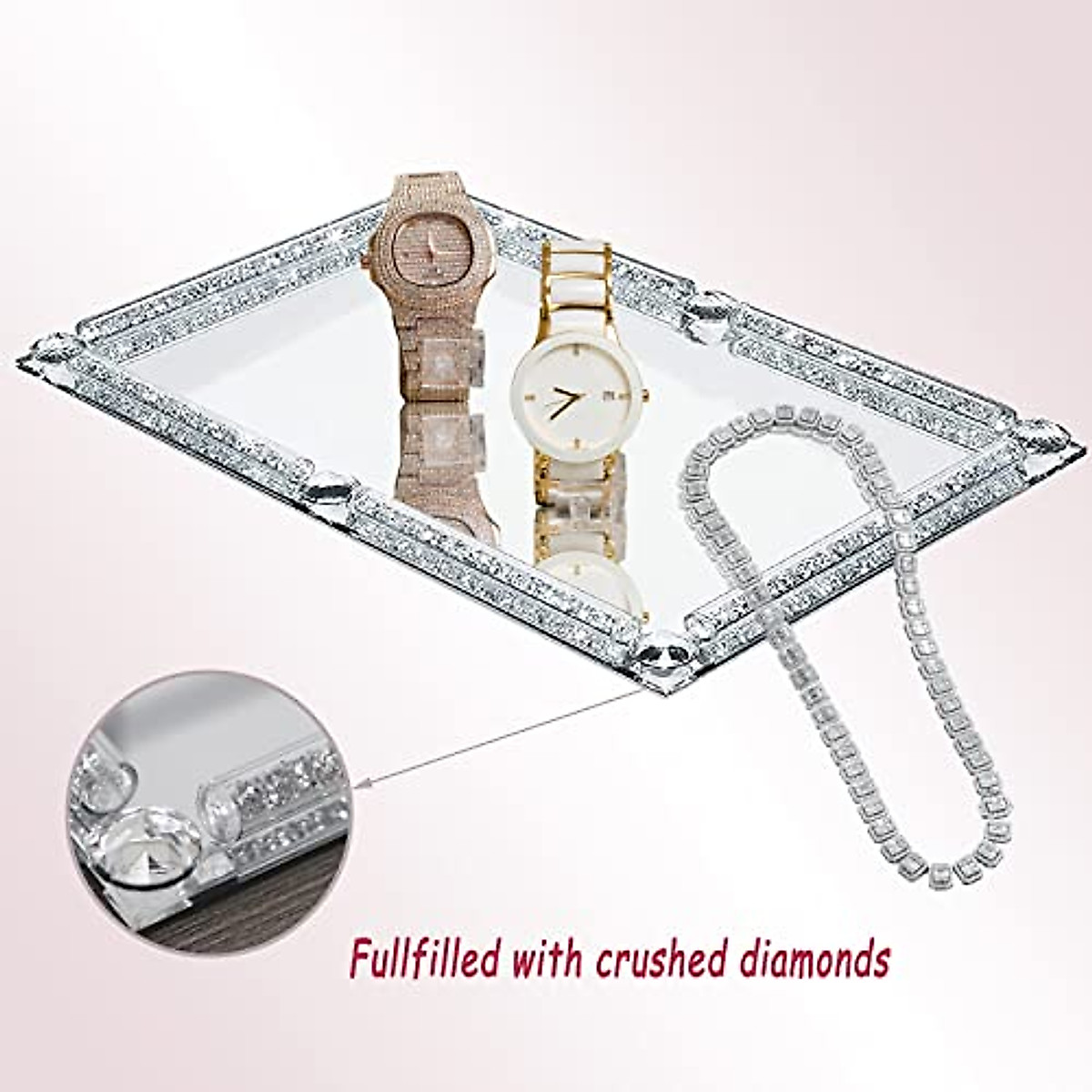 HMRCYTE Crystal Glass Mirror Tray, 11.8" x 7.9" Crushed Diamond Silver Perfume Makeup Display Tray, Noble Jewelry Trinket Vanity Tray, Ornate Rectangular Cosmetics Dresser Tray for Home Decor