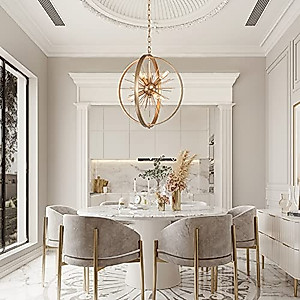 classy leaves Gold Chandelier, 6-Light Modern Globe Chandelier, Starburst Gold Pendant Light Fixture with Rotatable Framework for Kitchen Island, Foyer, Dining Room & Entryway, 18’’ D x 20.5’’ H