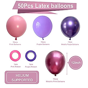 Pink and Purple Party Balloons, 50Pcs 12 Inch Purple Pink Balloons, Metallic Pink Purple Latex Balloons Birthday Party Balloons for Girls Birthday Baby Shower Wedding Party Decorations
