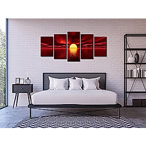 Wieco Art Red Sun Canvas Prints Wall Art Ocean Sea Beach Pictures Paintings Ready to Hang for Living Room Bedroom Home Decorations Modern 5 Piece Stretched and Framed Grace Landscape Giclee Artwork