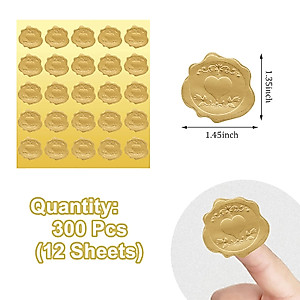 IKDJH 300 Pieces Gold Stickers for Envelopes Heart Embossed Envelope Seals Stickers for Wedding Party Self-Adhesive Wax Seal Stickers for Greeting Cards