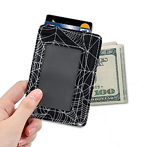 susiyo White Spider Web Slim Minimalist Wallets Rfid Blocking Card Wallets PU Leather Front Pocket Wallets for Men and Women