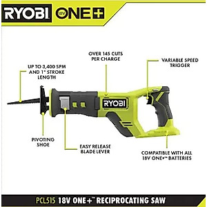 RYOBI ONE+ 18V Cordless Reciprocating Saw PCL515B (Tool Only) (Renewed)