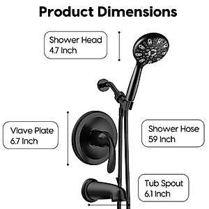 WRISIN Black Shower Faucet Set with Tub Spout (Valve Included), Black Shower Head and Handle Set, Bathtub Faucet Set with 4.7 Inch & 6 Setting Handheld