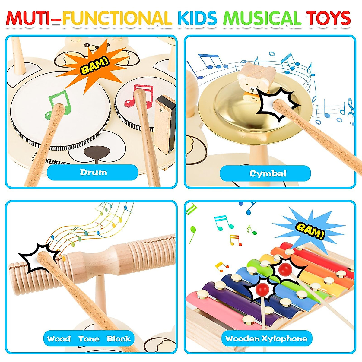 Toddler Musical Instruments Set, 9 in 1 Wooden Percussion Instruments for Toddlers, Montessori Musical Instruments for Boys Girls Early Learning