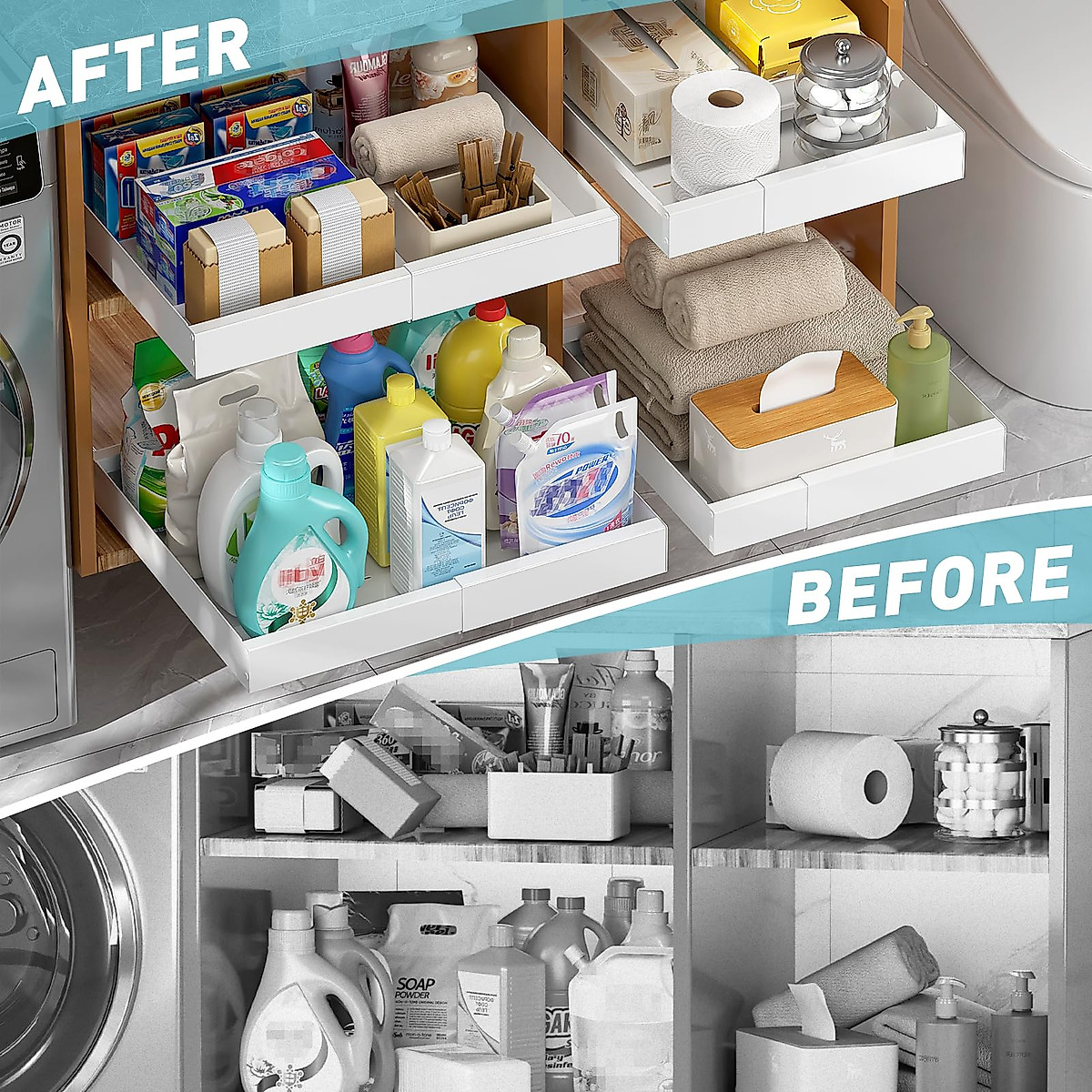 SPACEKEEPER Pull Out Cabinet Organizer, Extendable Slide Out Drawers for Cabinets with Adhesive Film 1 Pack Heavy Duty Pantry Shelves Storage and Organization for Kitchen Pantry Bathroom, White