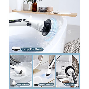 LOSUY Electric Spin Scrubber, 2024 New Cordless Cleaning Brush with 8 Replaceable Brush Heads, 2 Adjustable Speeds and 3 Extension Handle, Power Shower Scrubber for Bathroom, Floor, Tile, Tub