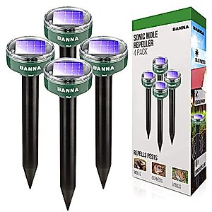 BANNA Solar Sonic Mole Repellent Groundhog Repeller Snake Repellent Gopher Deterrent Vole Chaser Spikes Traps Rodents No Killing - Protect Your Lawn and Garden of Outdoor (4 pcs Round)