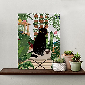 Black Cat and Plants Canvas Wall Art Poster Print, Modern Botanical Black Cat Painting Ready to Hang Home Office Living Room Decor Gift (11.5" x 15")