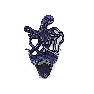 Hampton Nautical Rustic Dark Blue Wall Mounted Octopus Bottle Opener 6"-Vintage Cast Iron Decor-Sea Life