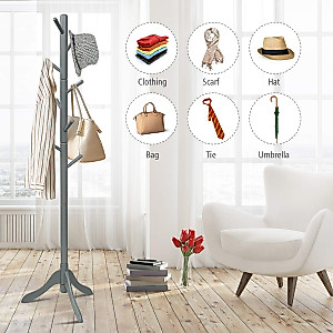 Tangkula Wooden Tree Coat Rack Freestanding, Entryway Coat Stand with 8 Hooks, Height Adjustable Coat Tree, Coat Hanger Stand for Home Office Hall Entryway