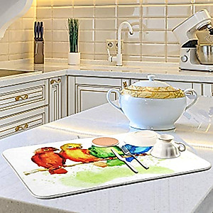 Watercolour Parrot Bird Tree Dish Drying Mat 24"x18" Absorbent Machine Washable Hanging Fast Dry Pad Dish Protective Mat for Kitchen Countertop Heat Resistant Dinner Table Mat
