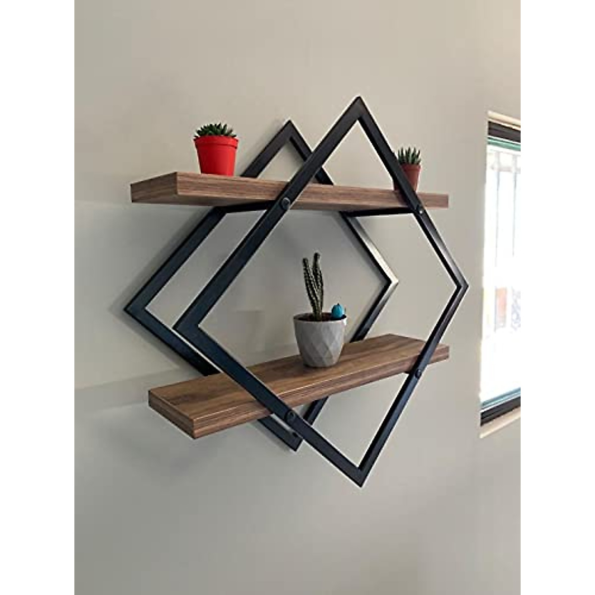 Diamond Shape Metal Frame Wall Mount Rustic Shelf. Mid Century Modern 2 Tier Wall Shelf