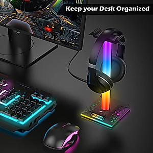 SIMOEFFI Upgraded RGB Gaming Headphones Stand, Headset Stand with 3.5mm AUX and 2 USB Charging Ports, Headphone Holder with 10 Light Modes and Memory Feature for Gamers PC Earphone Accessories Desk
