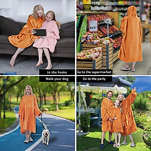 Easy-Going Oversized Flannel Wearable Blanket Hoodie for Adults, One Size Fits All, Orange