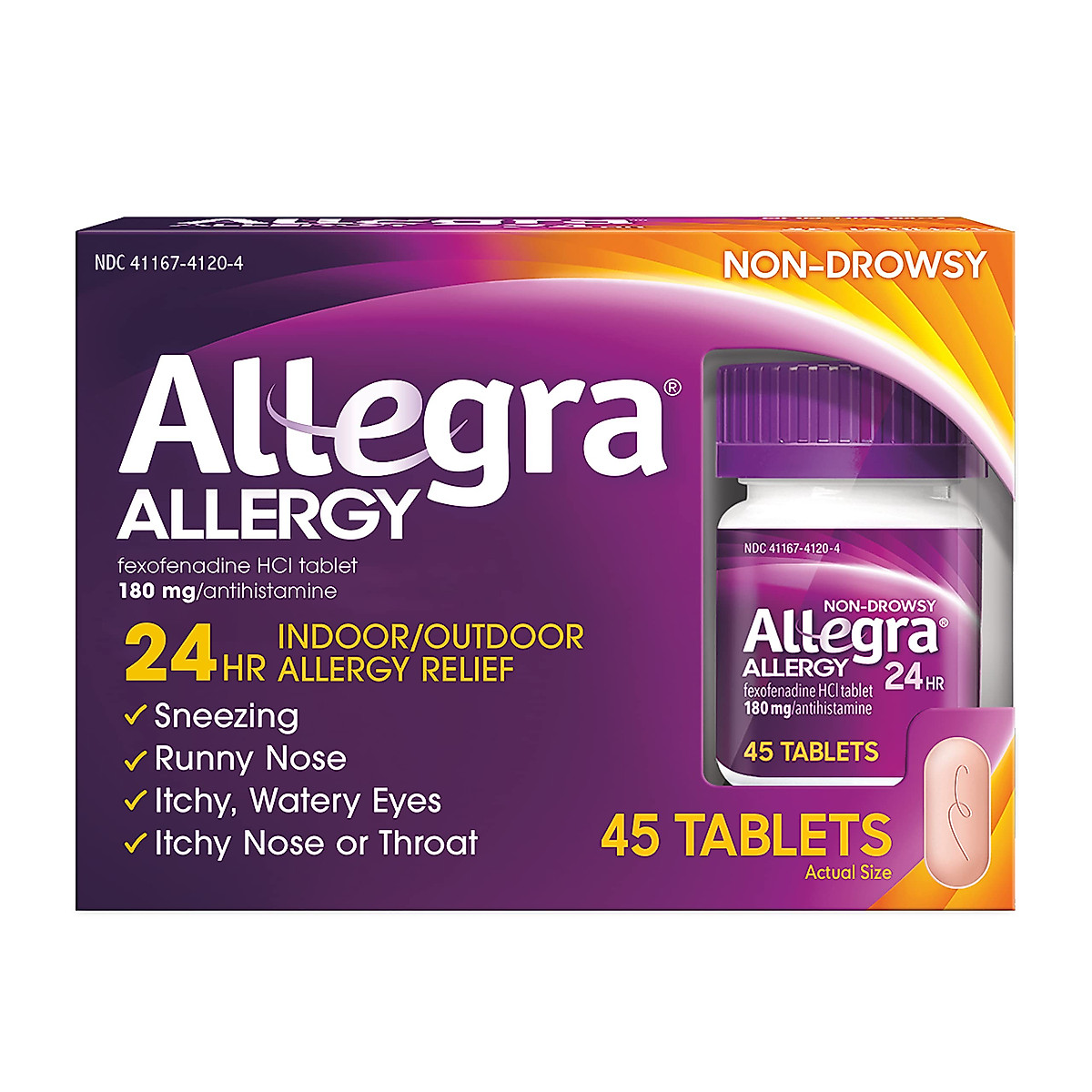 Allegra Adult 24HR Non-Drowsy Antihistamine, 45 Tablets, Fast-acting Allergy Symptom Relief, 180 mg