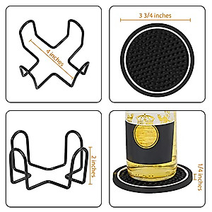 BARsics Drink Coasters Set, 3.75" Black Non-Slip PVC Coasters with Metal Wire Holder, Durable and Elegant Design for Kitchen, Home Bar, Restaurants Table (Pack of 6)